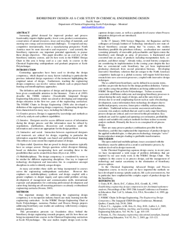 (PDF) Biorefinery Design As A Case Study In Chemical Engineering Design