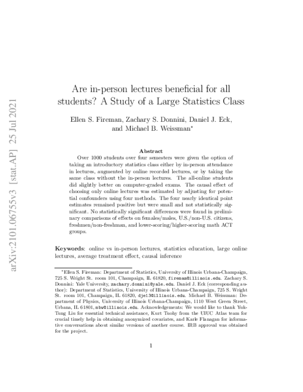 (PDF) Are in-person lectures beneficial for all students? A Study of a Large Statistics Class