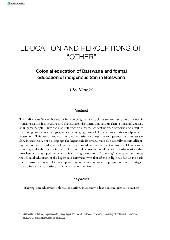 (PDF) Education and Perceptions of “Other”: Colonial Education of ...
