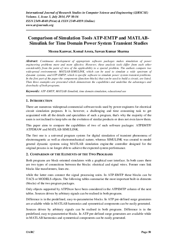 Pdf Comparison Of Simulation Tools Atp Emtp And Matlab Simulink For Time Domain Power System