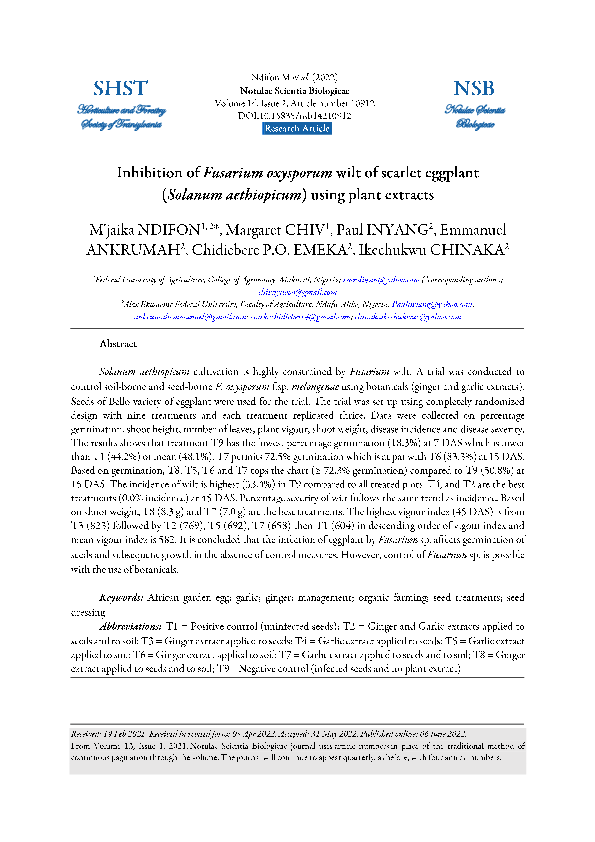 Pdf Inhibition Of Fusarium Oxysporum Wilt Of Scarlet Eggplant Solanum Aethiopicum Using