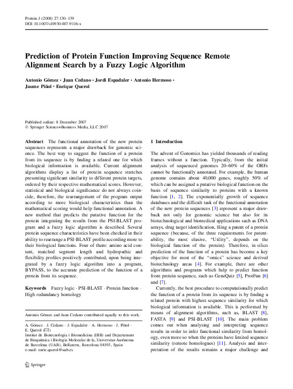 Pdf Prediction Of Protein Function Improving Sequence Remote Alignment Search By A Fuzzy Logic