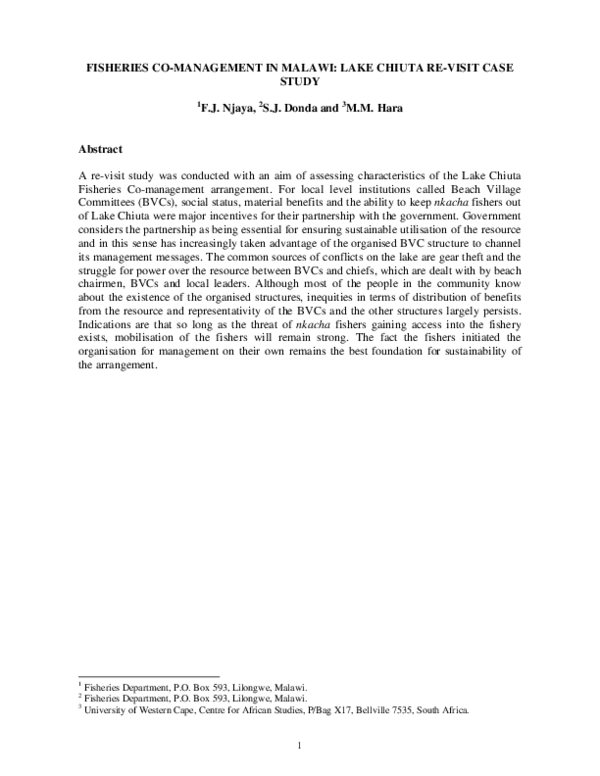 (PDF) Fisheries co-management in Malawi: Lake Chiuta re-visit case study