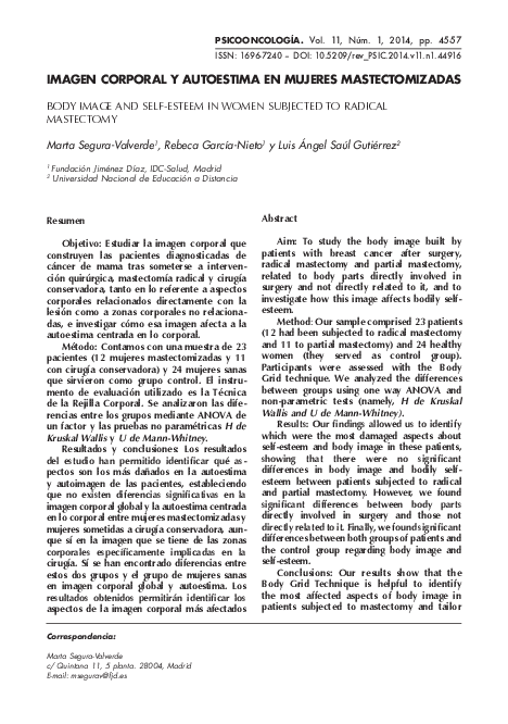 (PDF) Imagen corporal y autoestima en mujeres masectomizadas