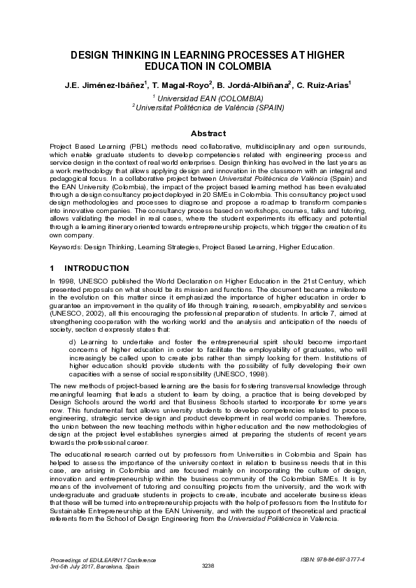 (PDF) Design Thinking in Learning Processes at Higher Education in Colombia