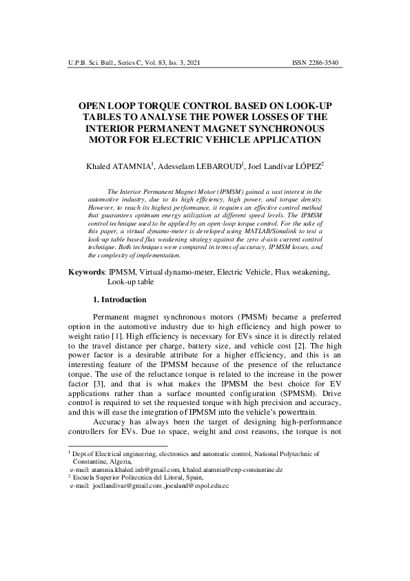 (PDF) OPEN LOOP TORQUE CONTROL BASED ON LOOK-UP TABLES TO ANALYSE THE POWER LOSSES OF THE ...