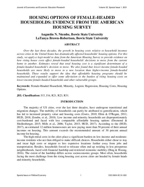 (PDF) Housing Options of Female-Headed Households: Evidence from the American Housing Survey