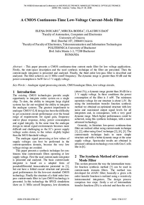 Pdf A Cmos Continuous Time Low Voltage Current Mode Filter