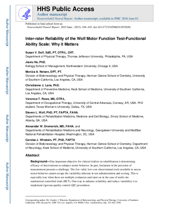 (PDF) Interrater Reliability of the Wolf Motor Function Test-Functional ...