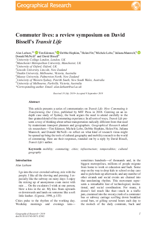 (PDF) Commuter lives: a review symposium on David Bissell's Transit Life