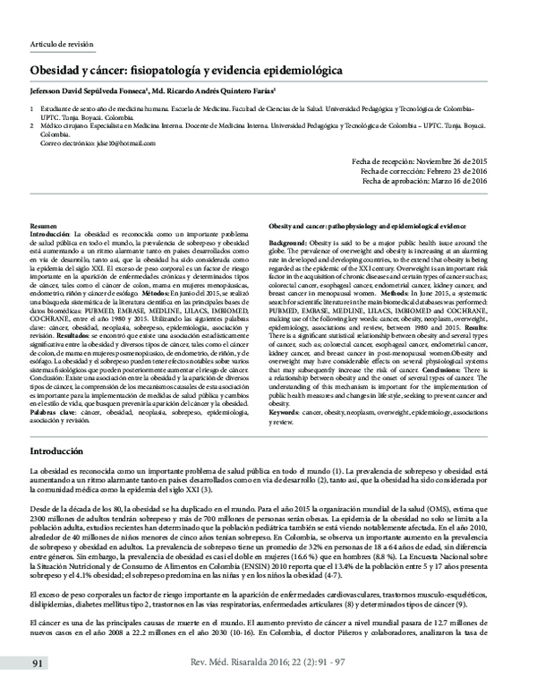 (PDF) Obesidad y cáncer: fisiopatología y evidencia epidemiológica