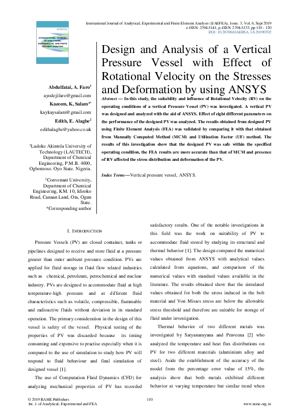 (PDF) Design and Analysis of a Vertical Pressure Vessel with Effect of ...