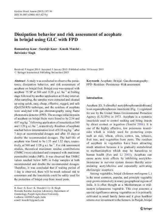 (PDF) Dissipation behavior and risk assessment of acephate in brinjal using GLC with FPD