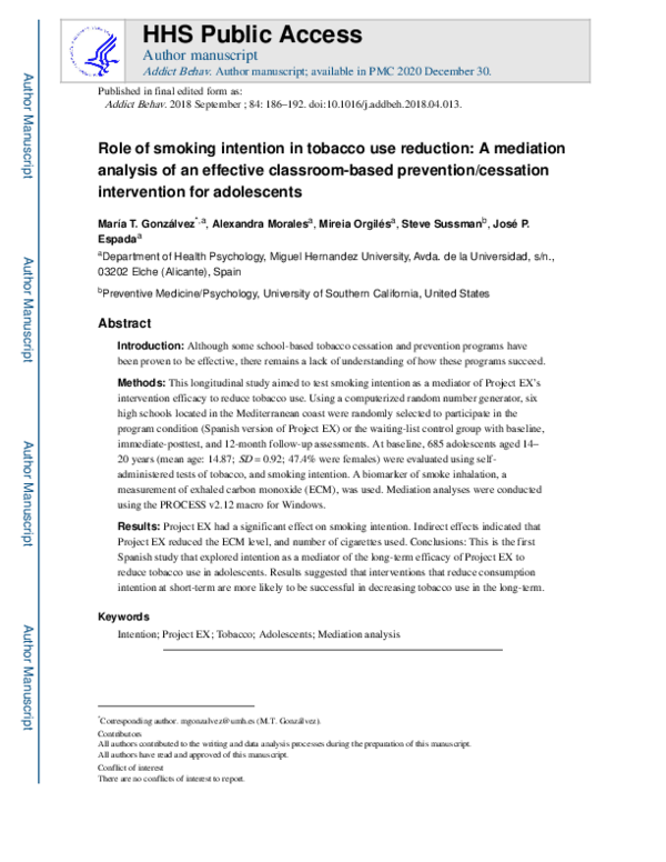 (PDF) Mediation Analysis of Smoking Intention in Tobacco Reduction
