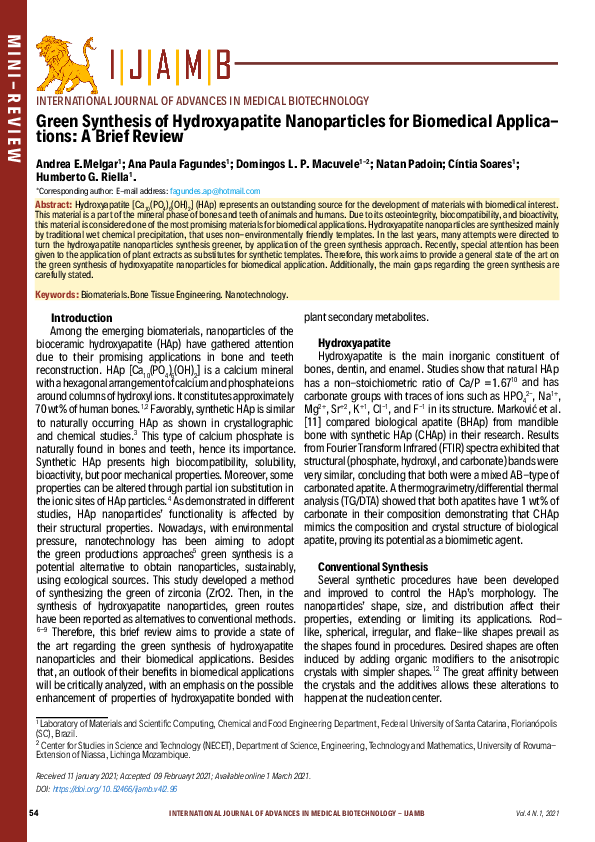 Pdf Green Synthesis Of Hydroxyapatite Nanoparticles For Biomedical