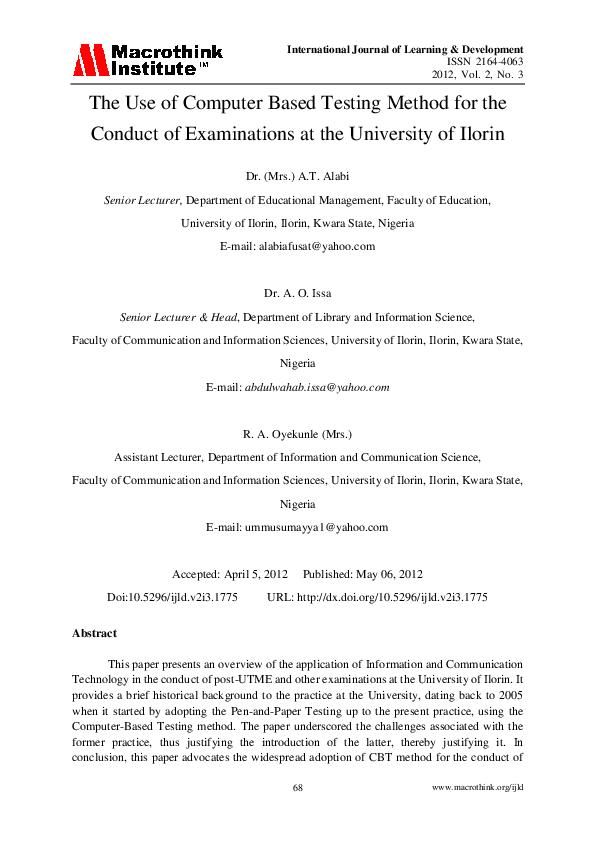 Pdf The Use Of Computer Based Testing Method For The Conduct Of