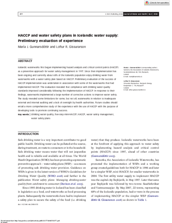 (PDF) HACCP and water safety plans in Icelandic water supply ...