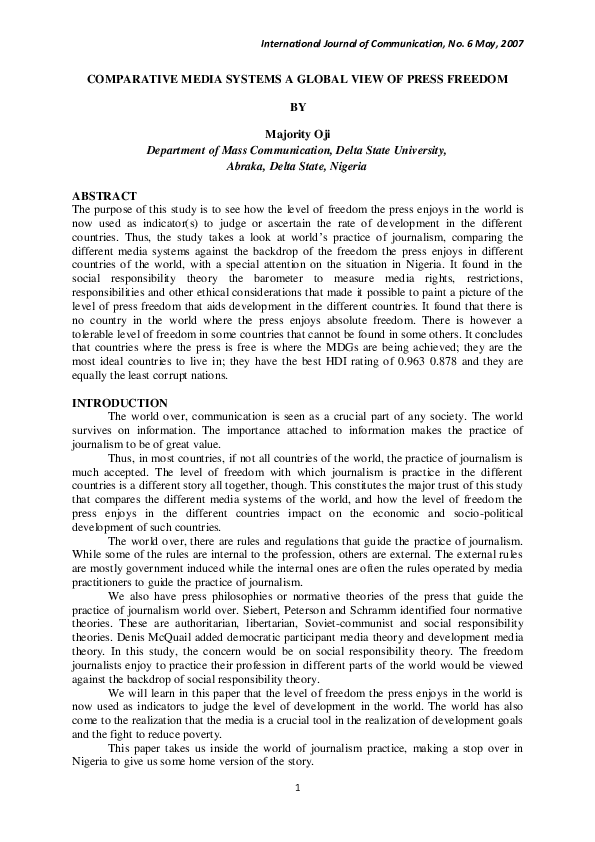 (PDF) COMPARATIVE MEDIA SYSTEMS A GLOBAL VIEW OF PRESS FREEDOM