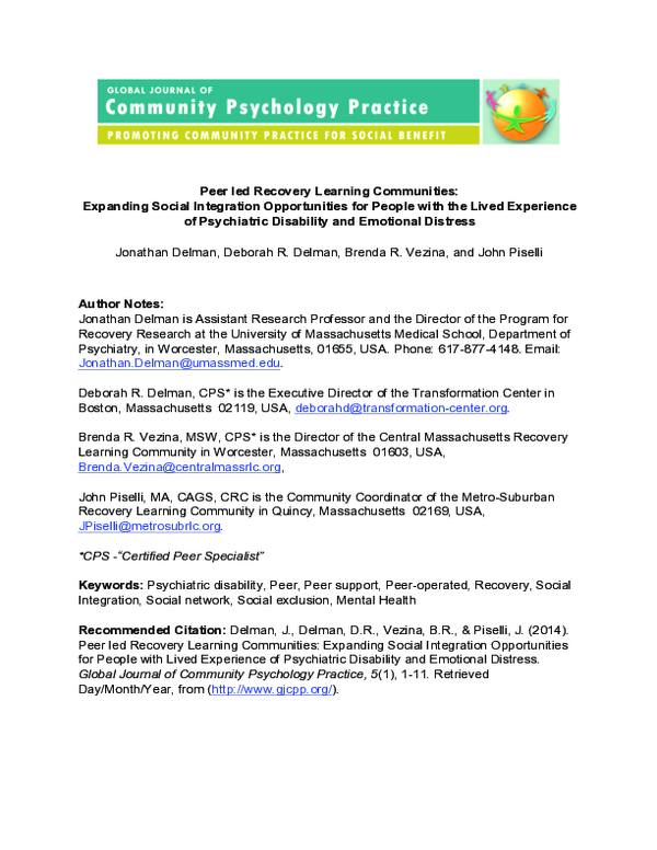 (PDF) Peer led Recovery Learning Communities: Expanding Social ...