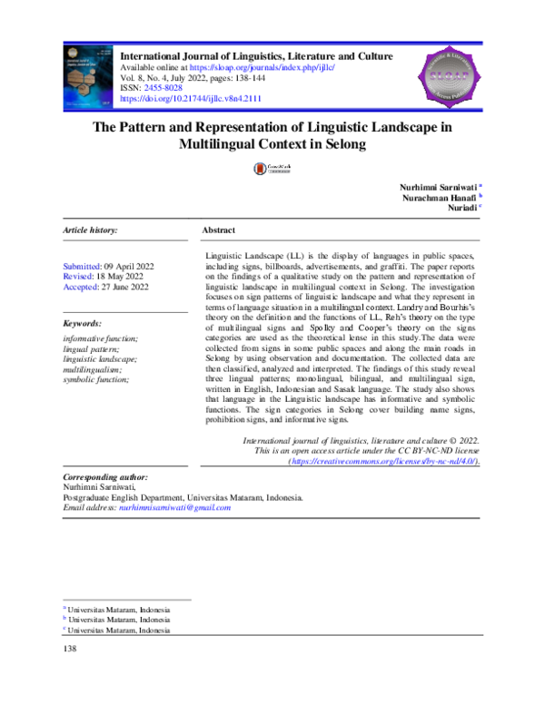 (PDF) The pattern and representation of linguistic landscape in multilingual context in Selong