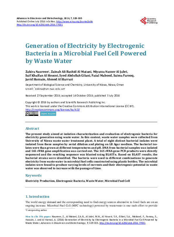 (PDF) Generation of Electricity by Electrogenic Bacteria in a Microbial ...