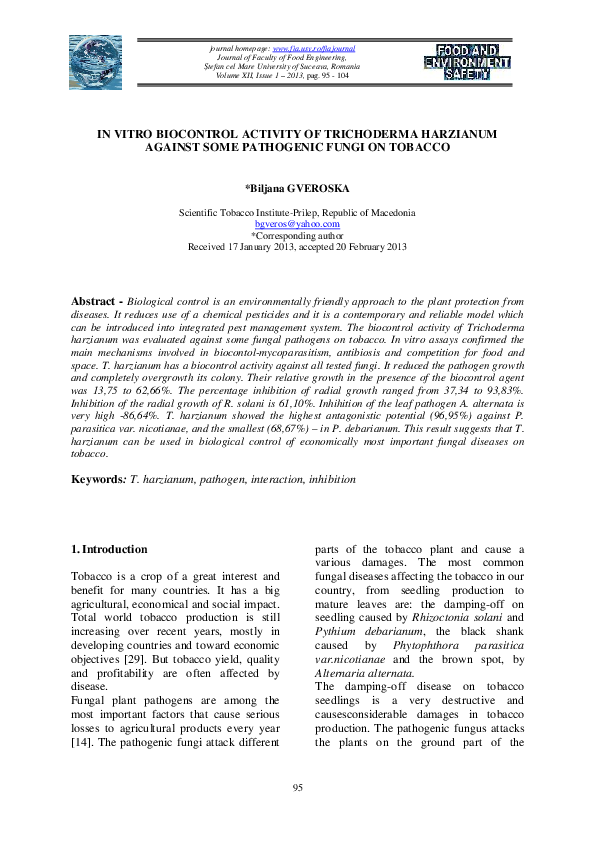 Pdf In Vitro Biocontrol Activity Of Trichoderma Harzianum Against Some Pathogenic Fungi On Tobacco