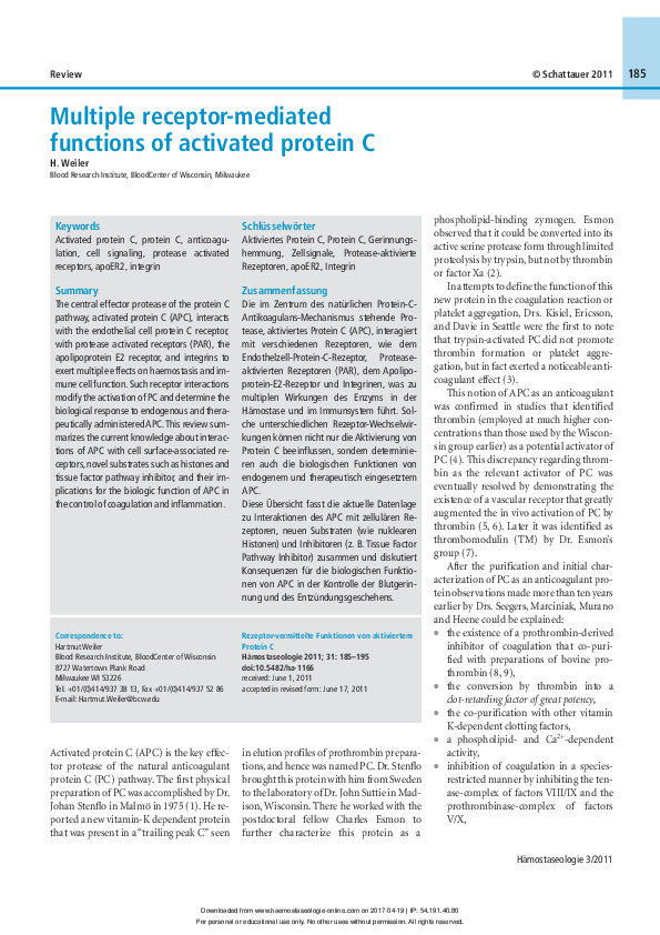 (PDF) Multiple receptor-mediated functions of activated protein C