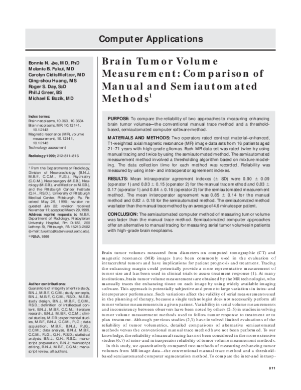 (PDF) Brain Tumor Volume Measurement: Comparison of Manual and Semiautomated Methods