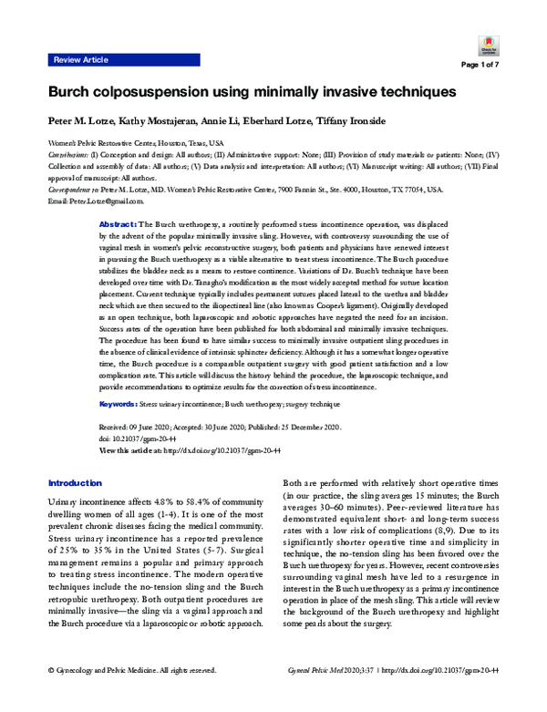 (PDF) Burch colposuspension using minimally invasive techniques