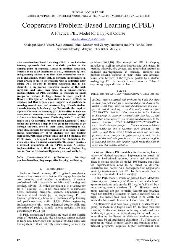 Pdf Cooperative Problem Based Learning Cpbl A Practical Pbl Model 7231