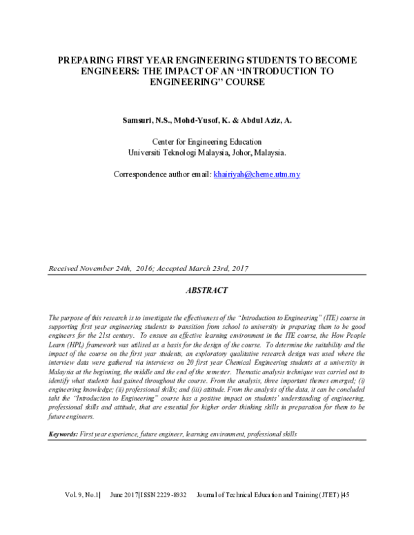 (PDF) Preparing First Year Engineering Students to Become Engineers: The Impact of an ...