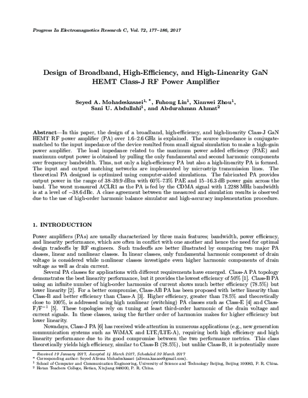 (PDF) Design of Broadband, High-Efficiency, and High-Linearity Gan Hemt Class-J RF Power Amplifier