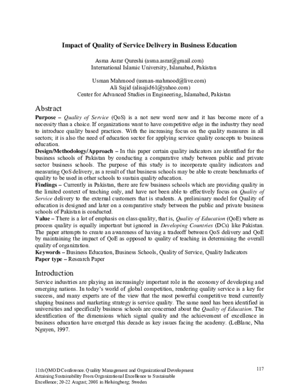 (PDF) Impact of Quality of Service Delivery in Business Education