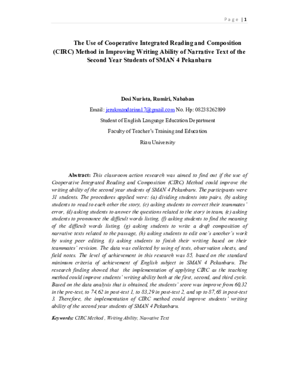 (PDF) The Use of Cooperative Integrated Reading and Composition (CIRC) Method in Improving ...