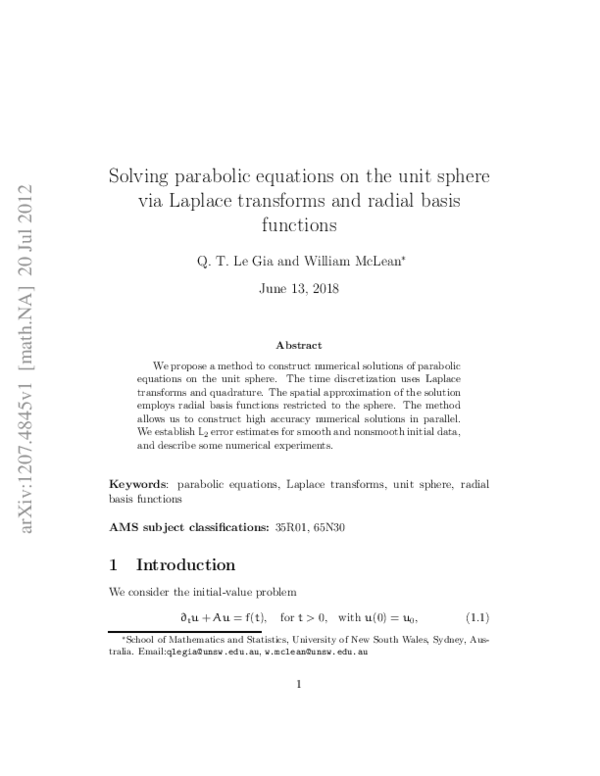 Pdf Solving The Heat Equation On The Unit Sphere Via Laplace Transforms And Radial Basis Functions