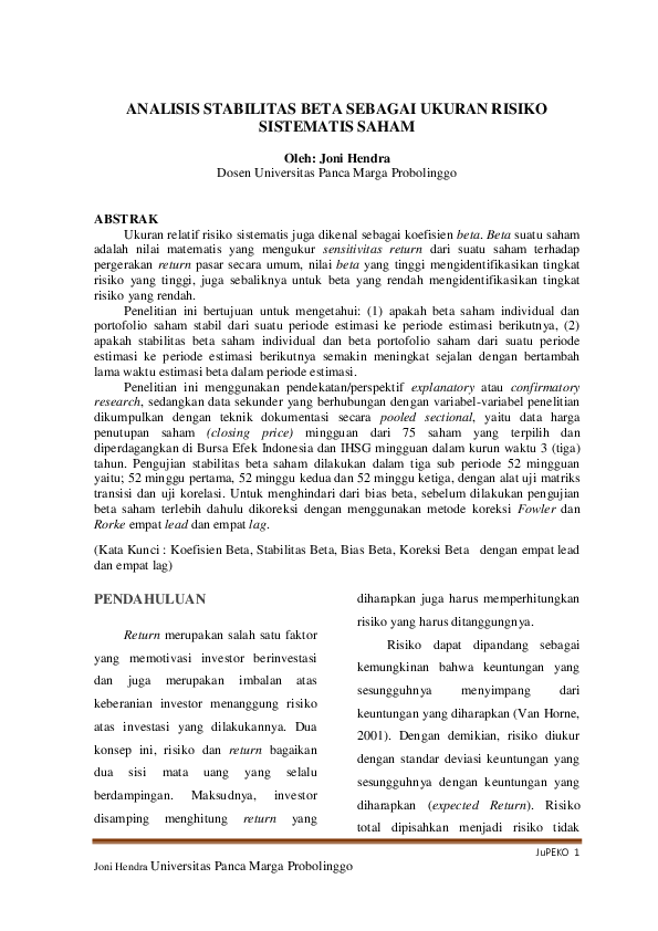(PDF) Analisis Stabilitas Beta Sebagai Ukuran Risiko Sistematis Saham