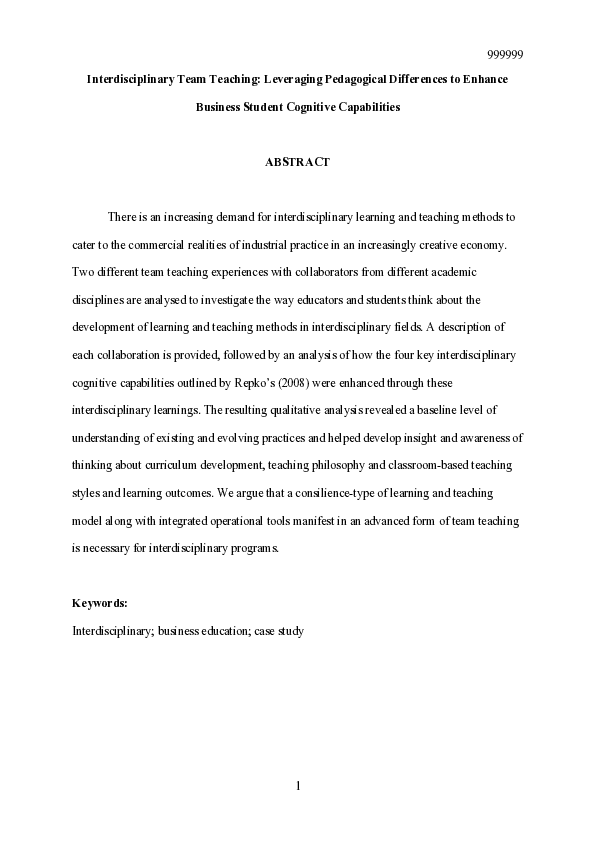 (PDF) Interdisciplinary team teaching: Leveraging pedagogical differences to enhance business ...