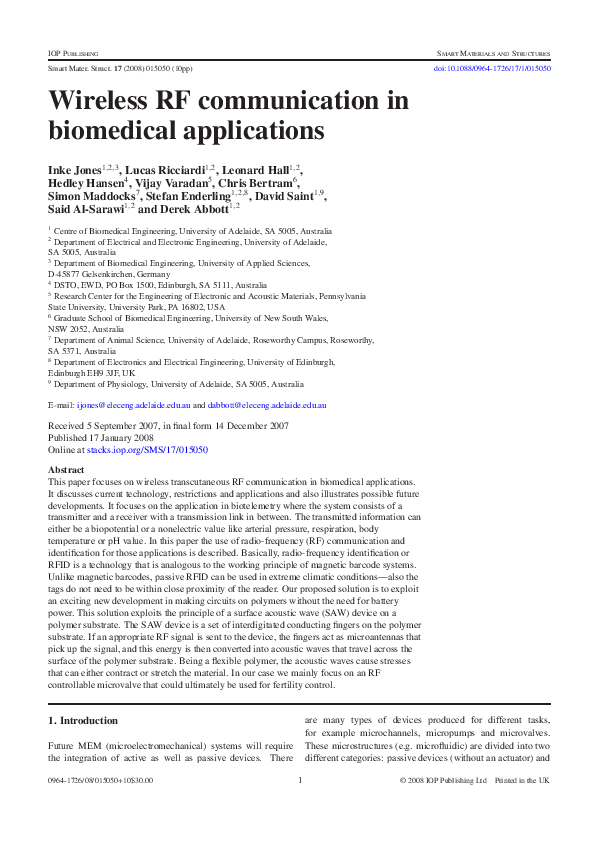 (PDF) Wireless RF communication in biomedical applications