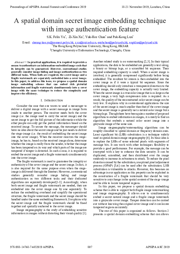 Pdf A Spatial Domain Secret Image Embedding Technique With Image Authentication Feature