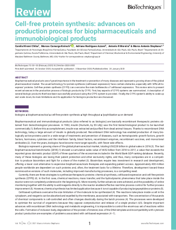 (PDF) Cell-free protein synthesis: advances on production process for biopharmaceuticals and ...