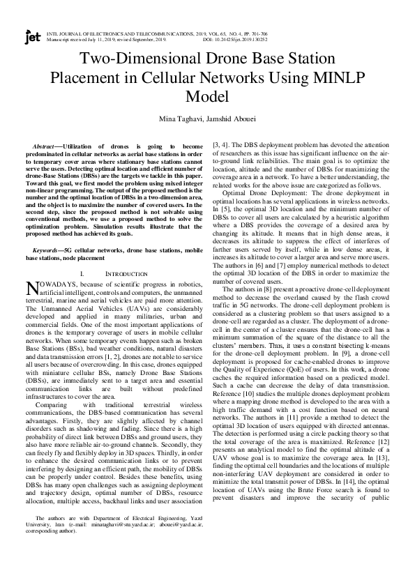 (PDF) Two-Dimensional Drone Base Station Placement in Cellular Networks Using MINLP Model