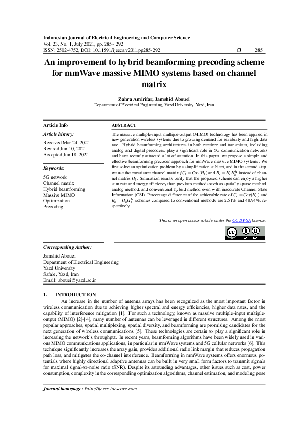 Pdf An Improvement To Hybrid Beamforming Precoding Scheme For Mmwave Massive Mimo Systems