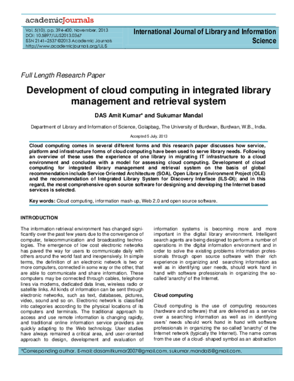 (PDF) Development of cloud computing in integrated library management and retrieval system ...