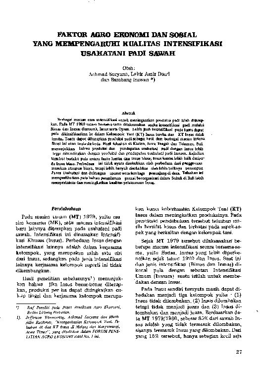 (PDF) Faktor Agro Ekonomi dan Sosial yang mempengaruhi kualitas intensifikasi usahatani Padi Sawah