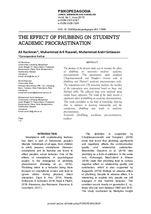 (PDF) Effect of Phubbing Behavior on Student Academic Procrastination