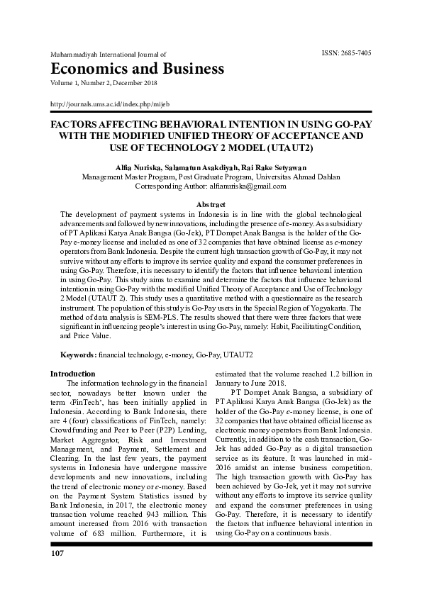 (PDF) Factors Affecting Behavioral Intention in Using Go-Pay with the Modified Unified Theory of ...