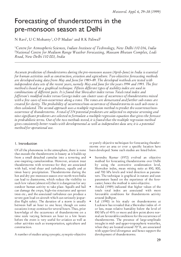 (PDF) Forecasting of thunderstorms in the pre-monsoon season at Delhi