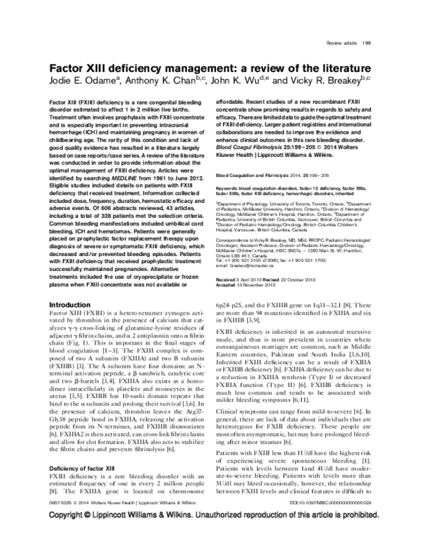 (PDF) Factor XIII deficiency management | Jodie Odame - Academia.edu