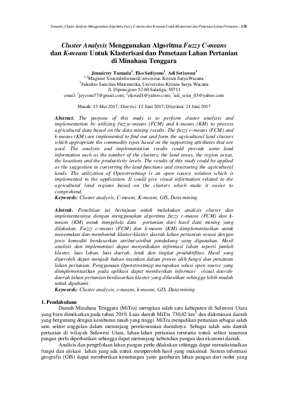 Pdf Cluster Analysis Menggunakan Algoritma Fuzzy C Means Dan K Means