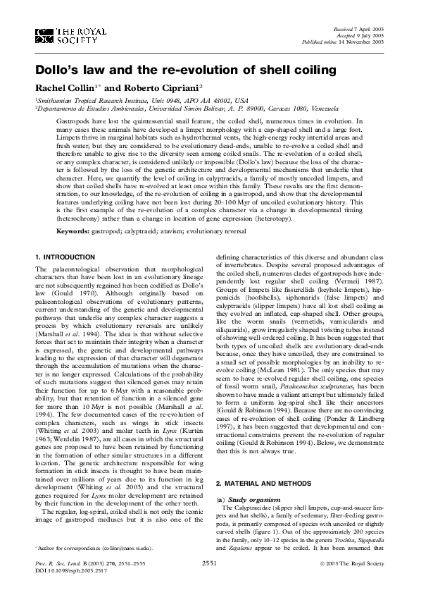 (PDF) Dollo's law and the re–evolution of shell coiling | Roberto ...